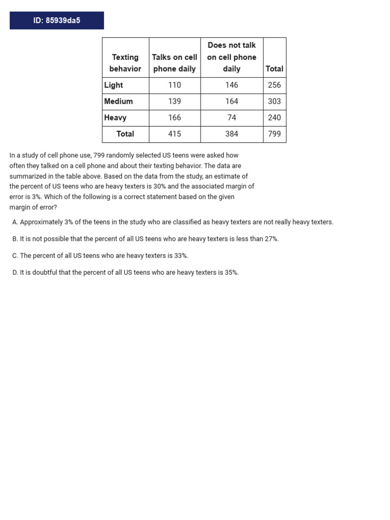 Texting Behavior Talks On Cell Phone Daily Does Not Talk On Cell Phone ...