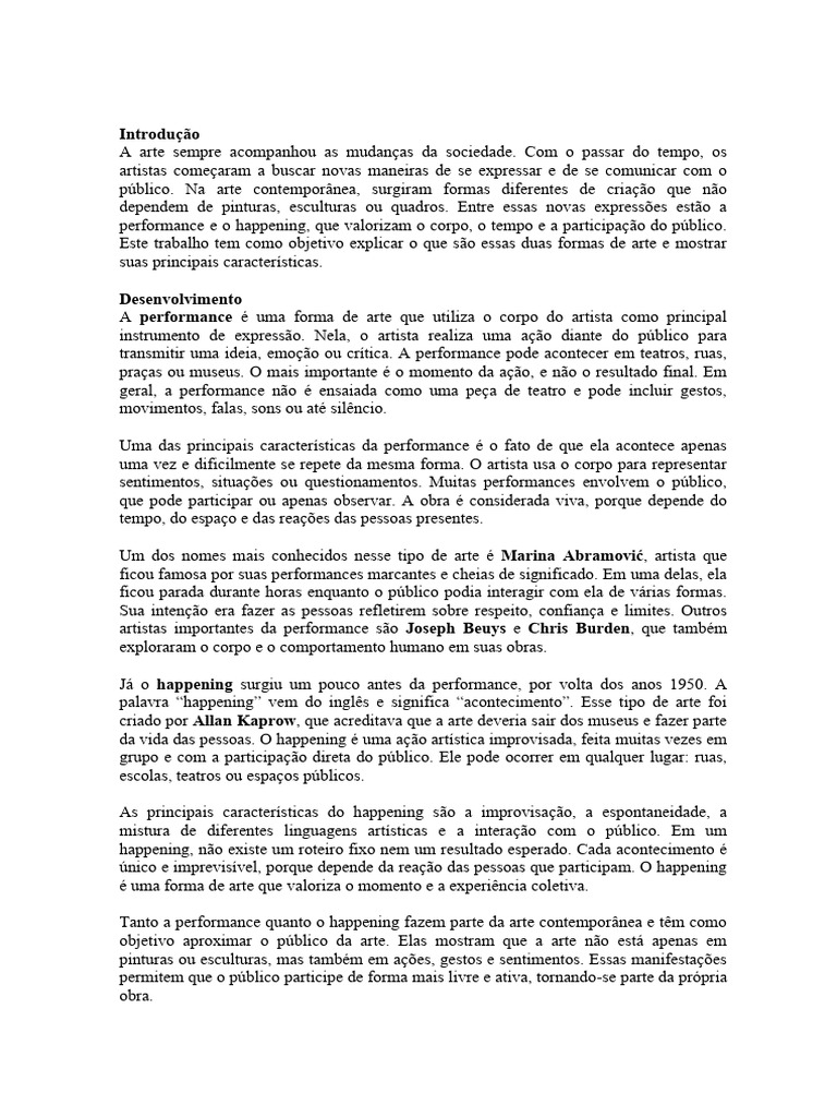Performance e Happening na Arte Contemporânea | PDF | Artes Cênicas ...