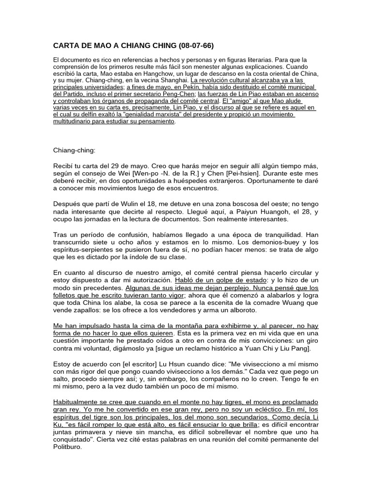 1966-07-08 MAO - CARTA a Chiang Ching | PDF | Mao Zedong | Comunismo