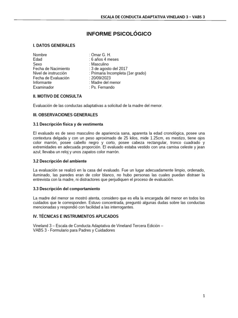 Informe Final Vineland 3 - Vabs 3 | PDF | Comportamiento | Sicología