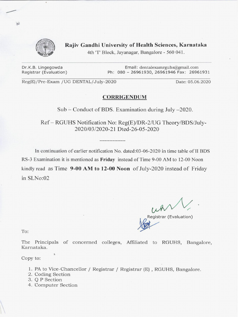Corrigendum of Time Table For Conduct of II BDS Theory Examination July ...