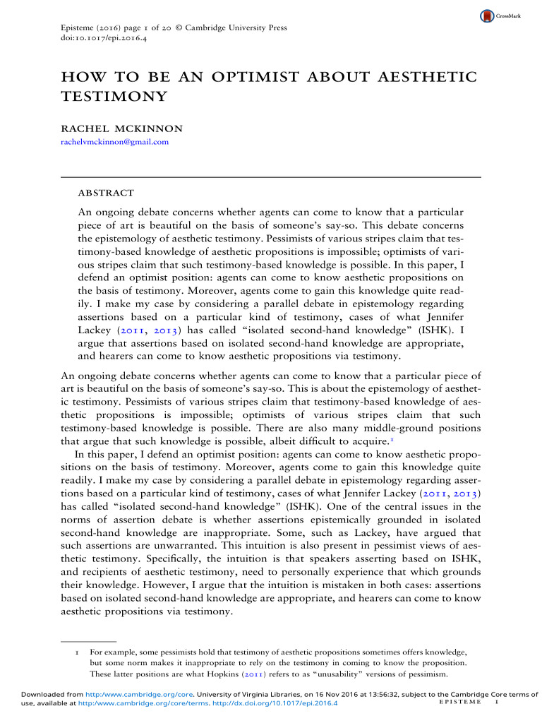 Mckinnon 2016 - 'How To Be An Optimist About Aesthetic Testimony | PDF ...