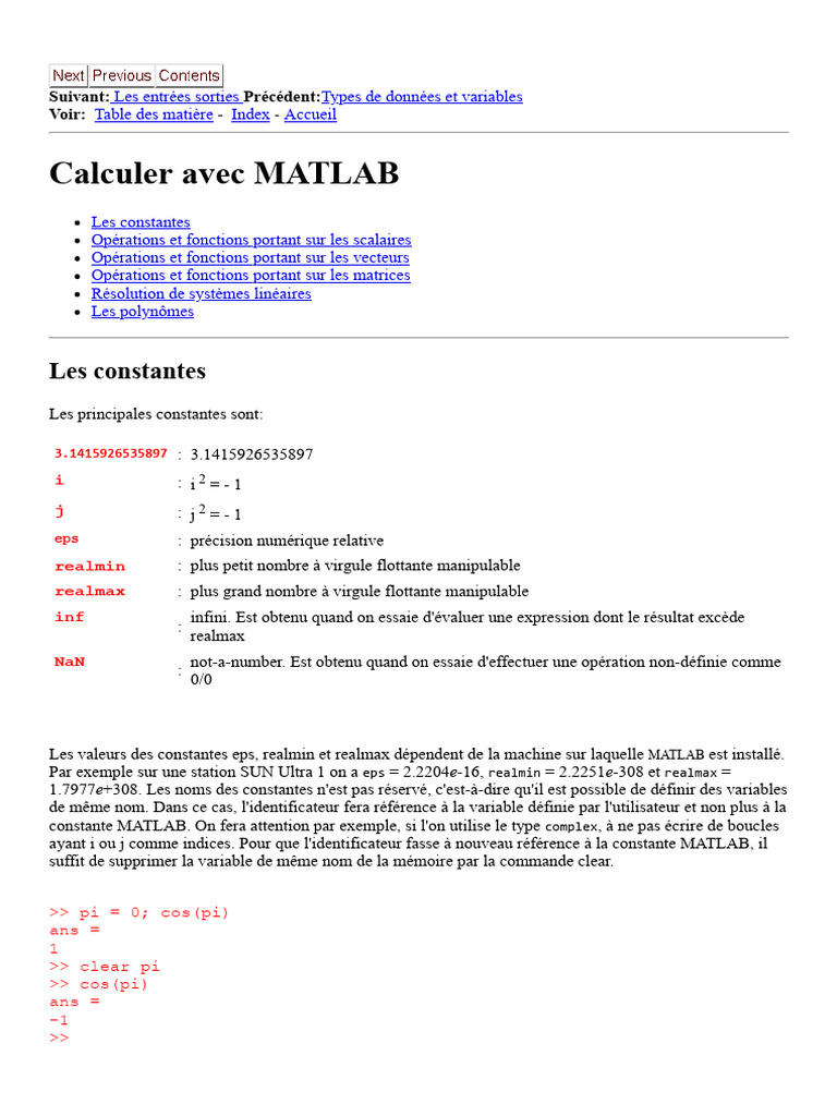 Opérations et fonctions MATLAB essentielles | PDF