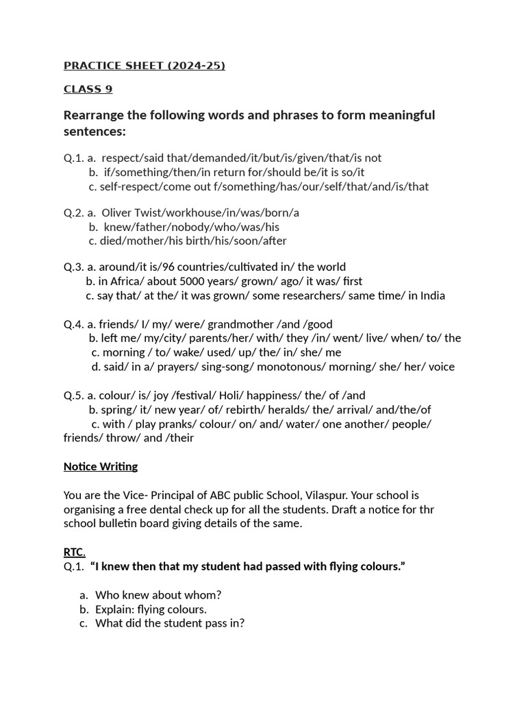 Class 9 Sentence Rearrangement Practice | PDF