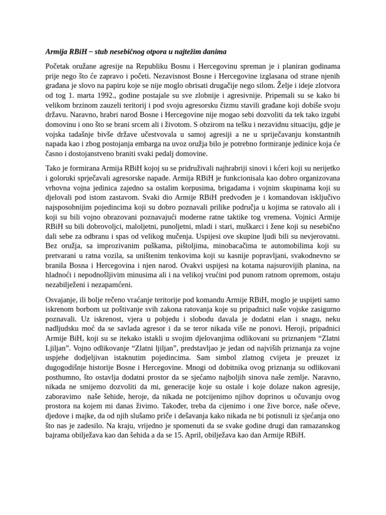Dan Armije RBiH | PDF