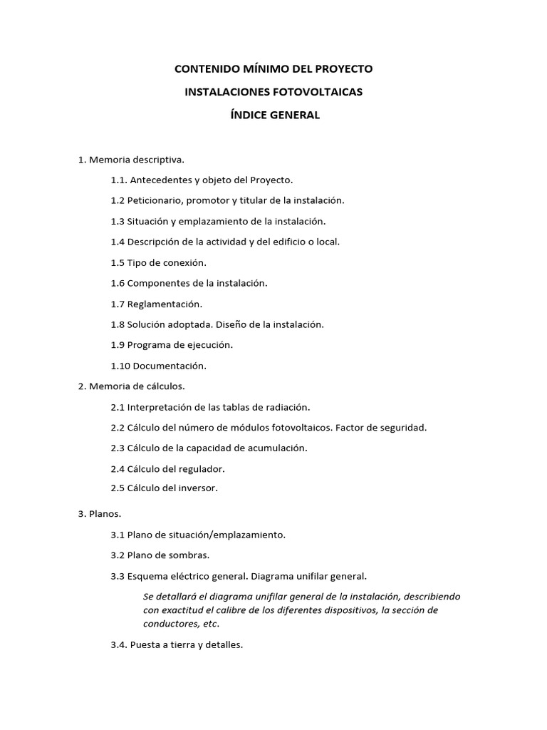 Indice Contenidos Mínimos Proyecto EERR Fotovoltaica (Ejemplo) | PDF