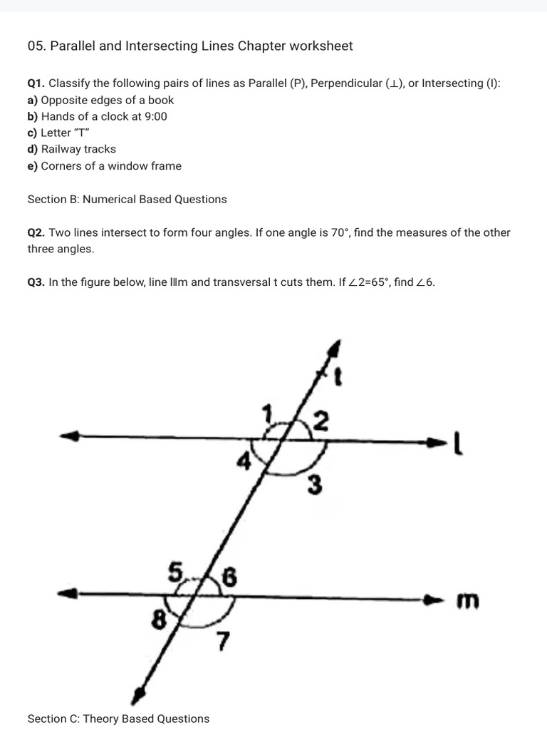 05. Parallel and Intersecting Lines Chapter Worksheet – Text Book Solutions All Class Document | PDF