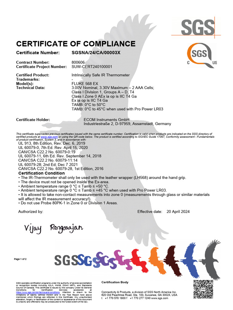 SGS - Certificate - Fluke - 568-Ex - CERT-7384 CALIBRACION | PDF