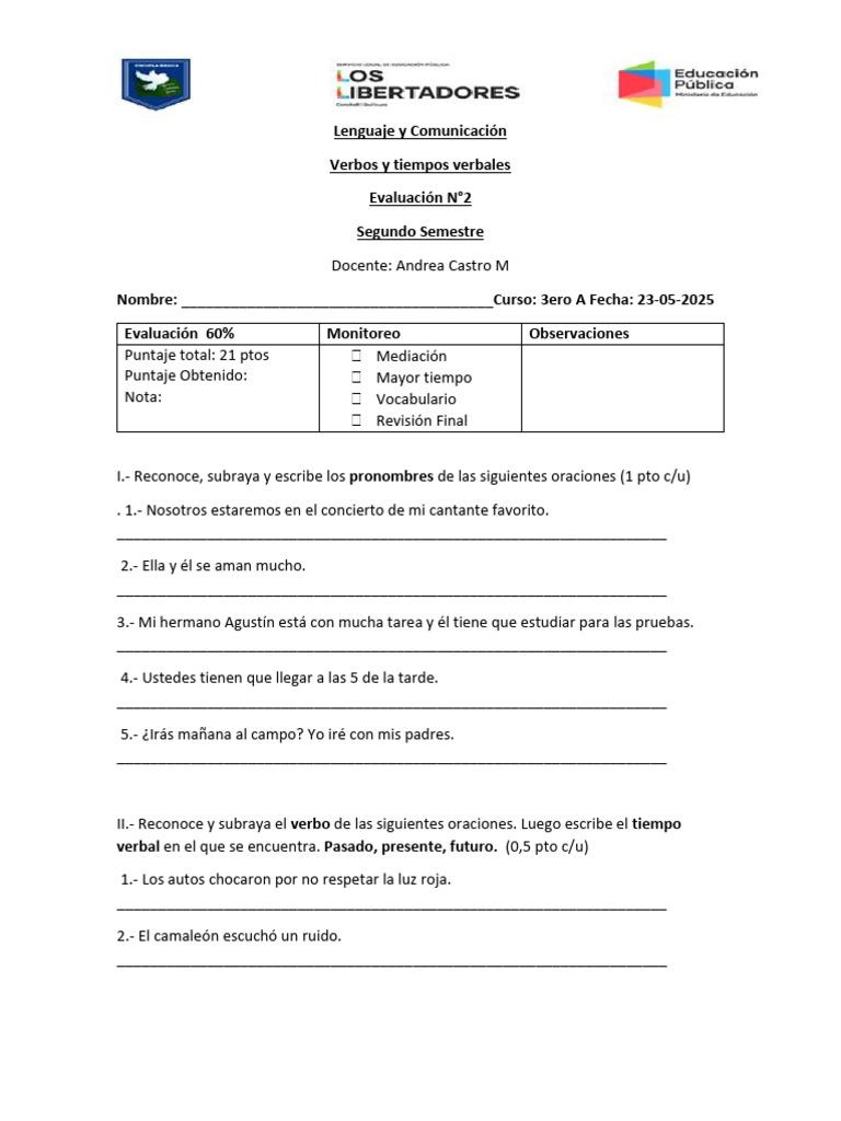 Evaluación Verbos y Tiempos Verbales | PDF