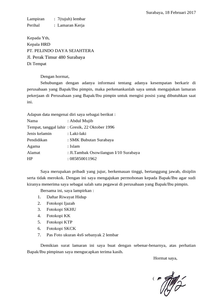 Lamaran Kerja Abdul Mujib di Pelindo | PDF