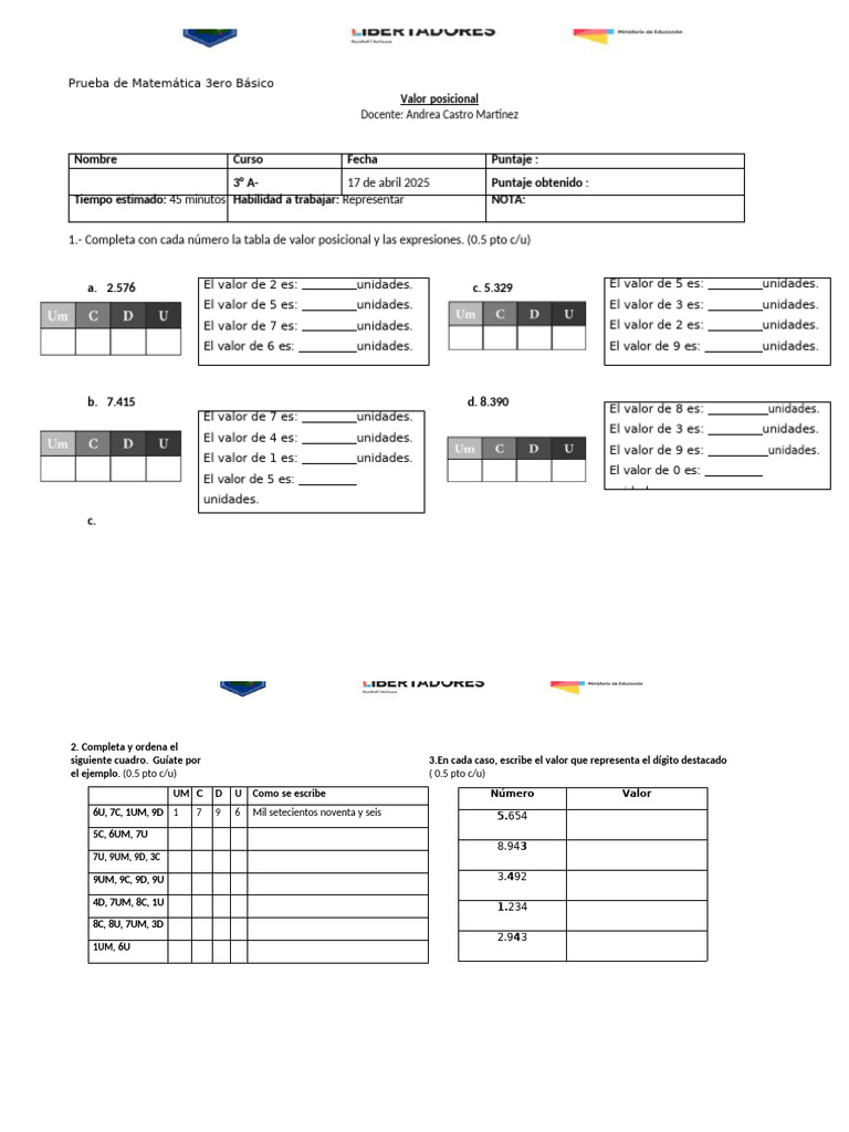 Prueba de Valor Posicional 3° Básico | PDF