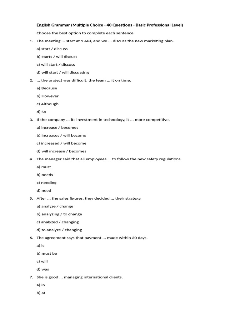Basic English Grammar Quiz: 40 MCQs | PDF