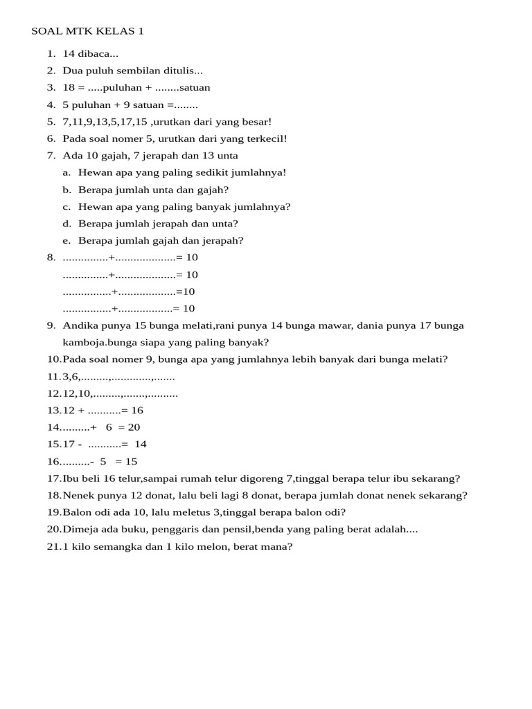 Soal Mtk Kelas 1 | PDF