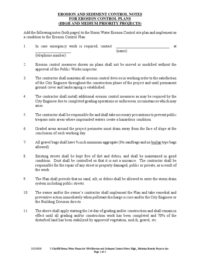 Erosion and Sediment Control Notes High - Med | Download Free PDF ...