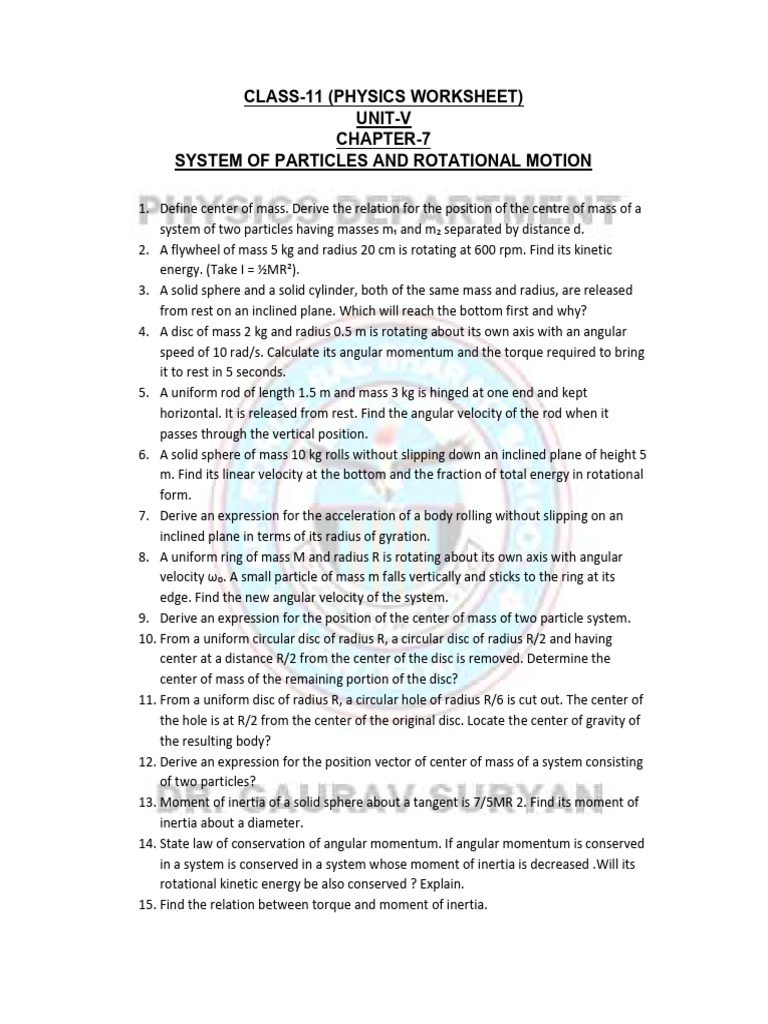 Class 11 Physics: Rotational Motion Worksheet | PDF | Rotation Around A ...
