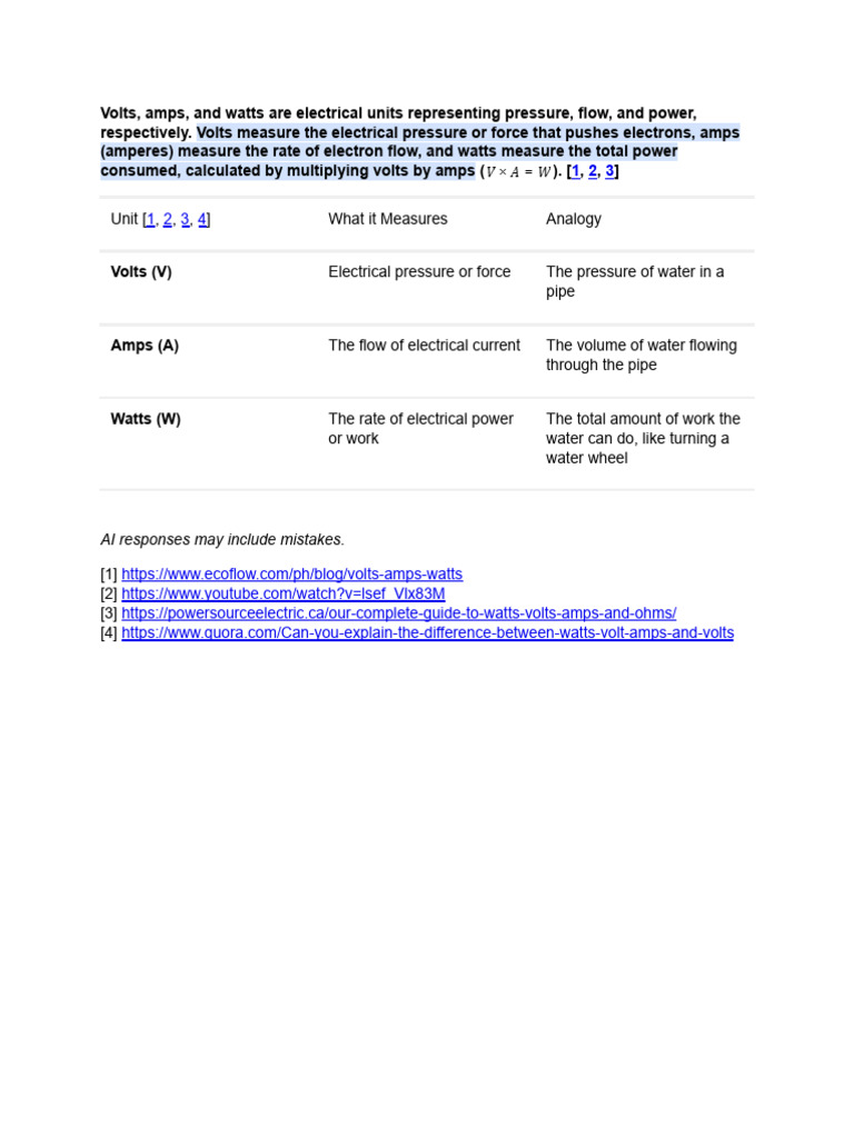 What Is The Difference Between Watt Volts and Ampere | PDF