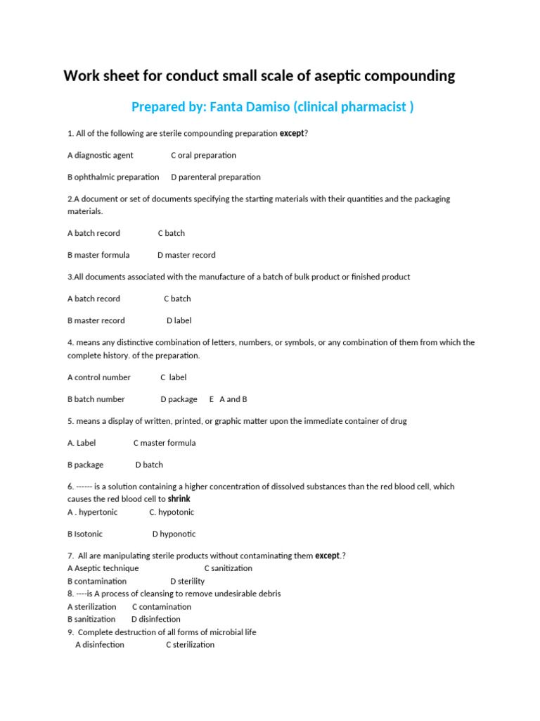 Aseptic Compounding Worksheet Guide | PDF | Injection (Medicine ...