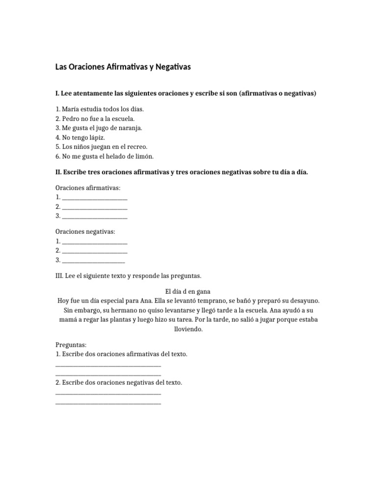 Oraciones Afirmativas y Negativas | PDF
