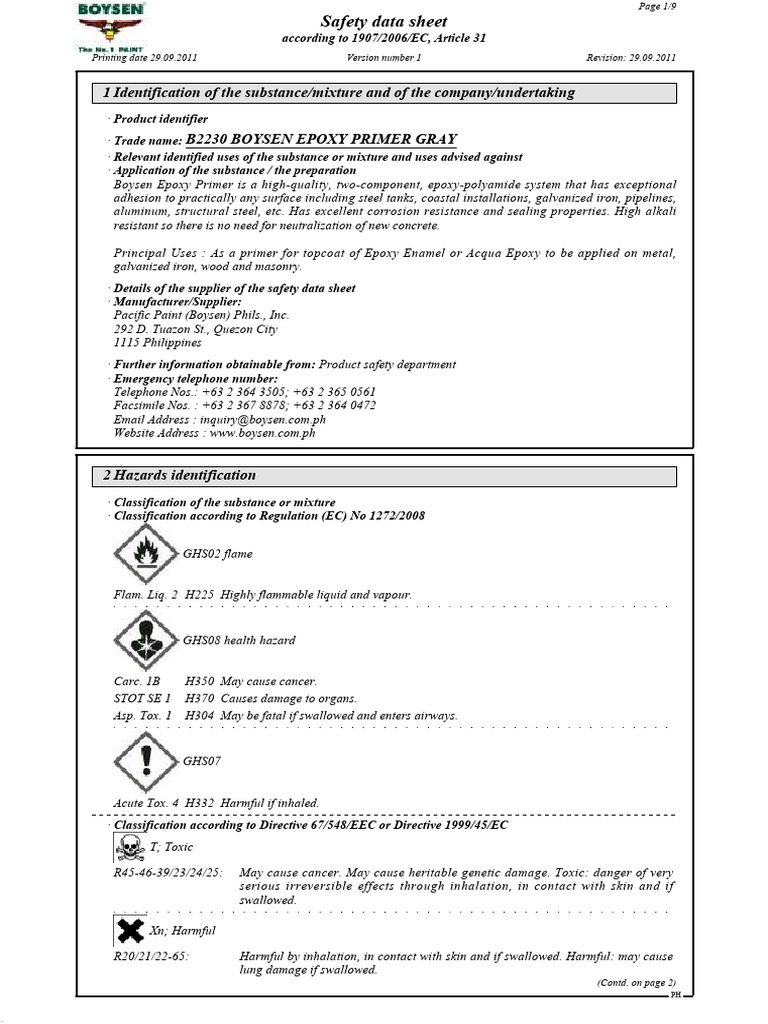 Boysen Epoxy Primer Safety Data Sheet | PDF | Dangerous Goods ...