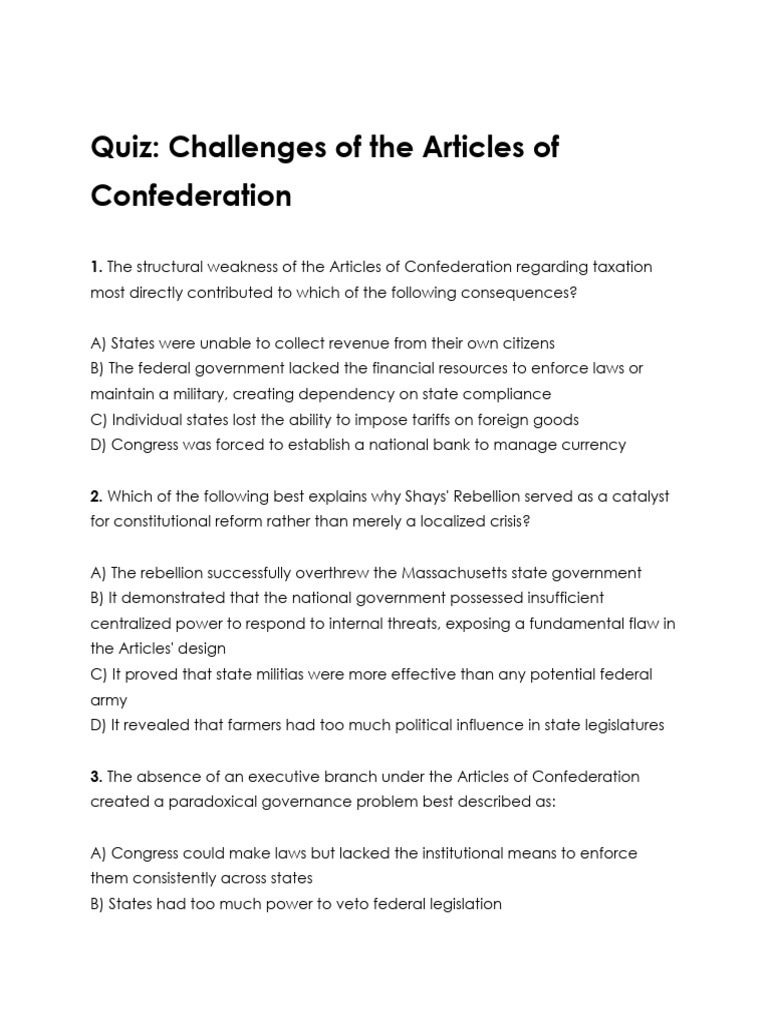 Quiz on Articles of Confederation Challenges | PDF | United States ...