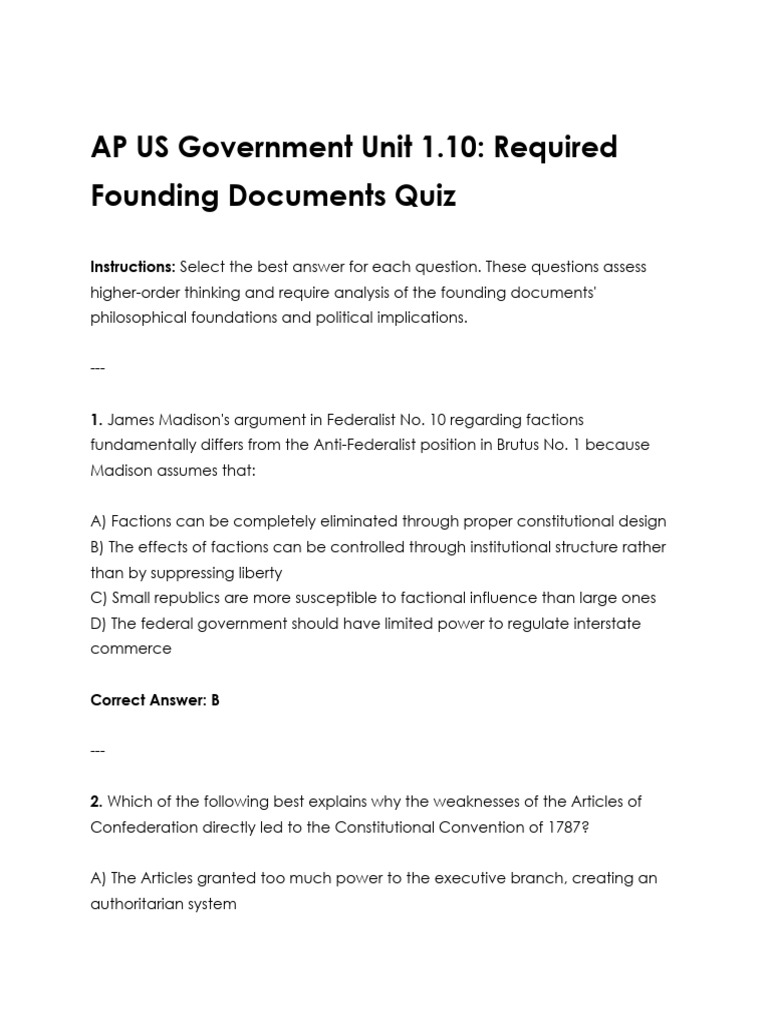 Founding Documents Quiz for AP US Government | PDF | Federalism | State ...
