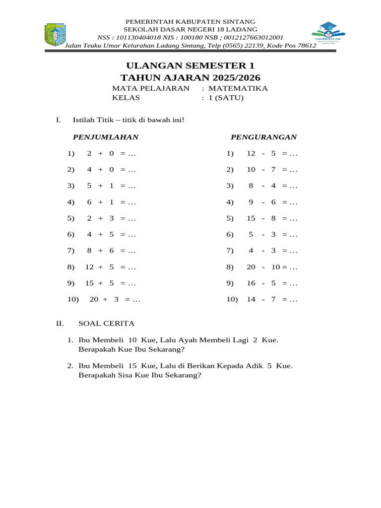 Soal Ulangan Kelas 1 | PDF