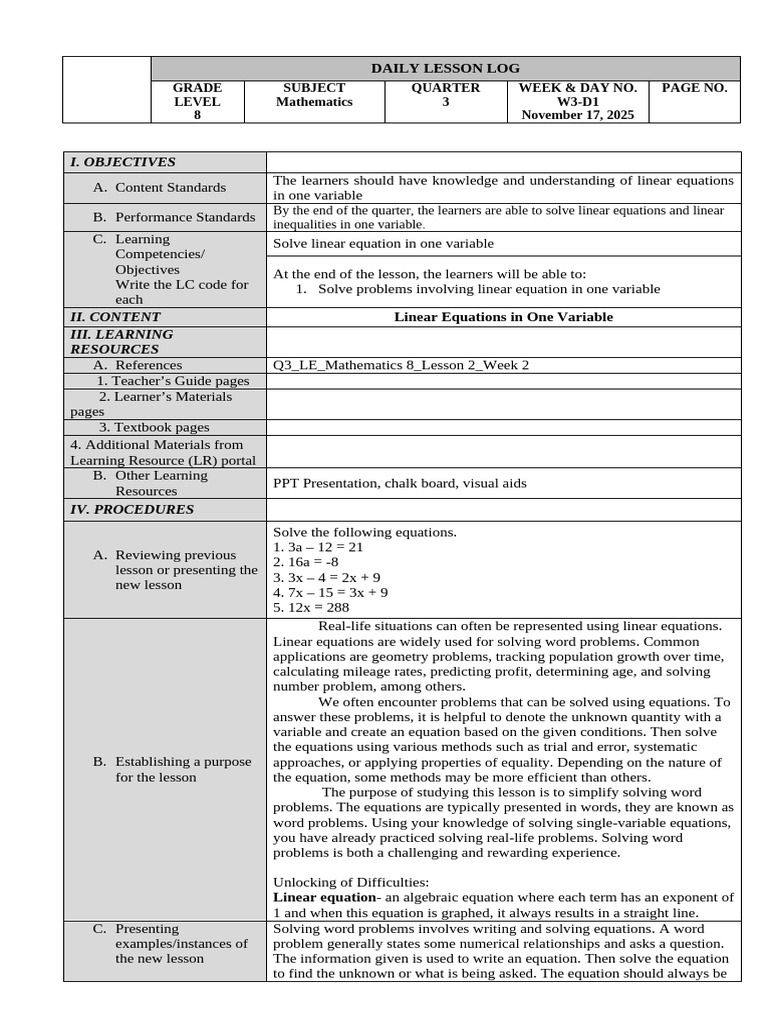 MATH 8 DLP - Q3-W3-DAY 1 | PDF | Equations | Variable (Mathematics)