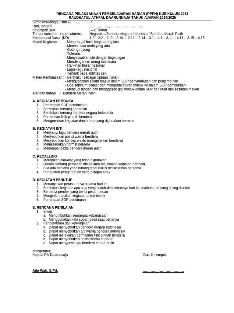 RPPH RA DAARUNNAJA (Negaraku-Bendera Merah Putih) | PDF