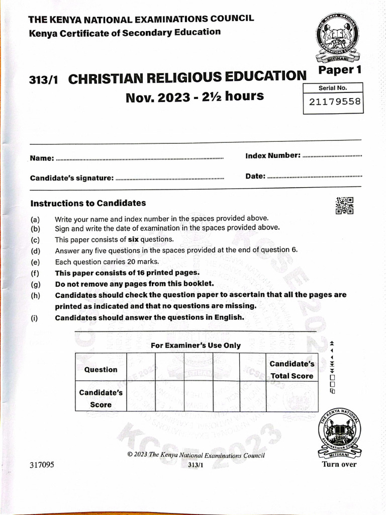 Paper 1 Question Paper KCSE 2023 | PDF