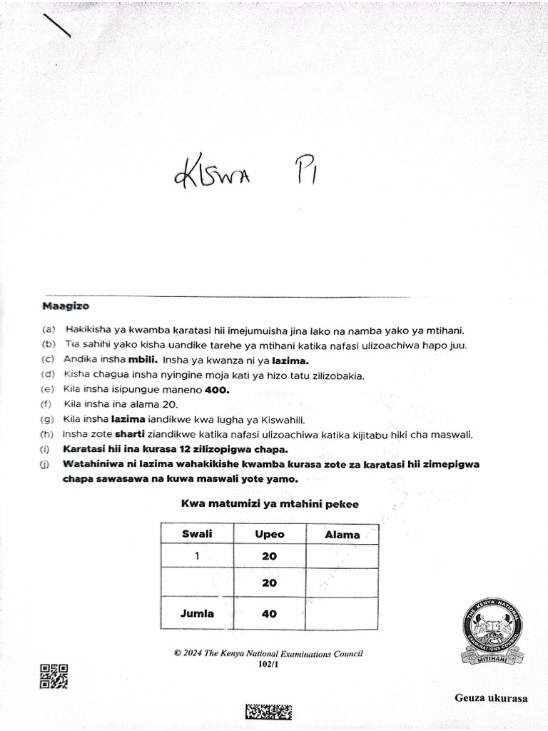 Paper 1 Question Paper KCSE 2024 | PDF