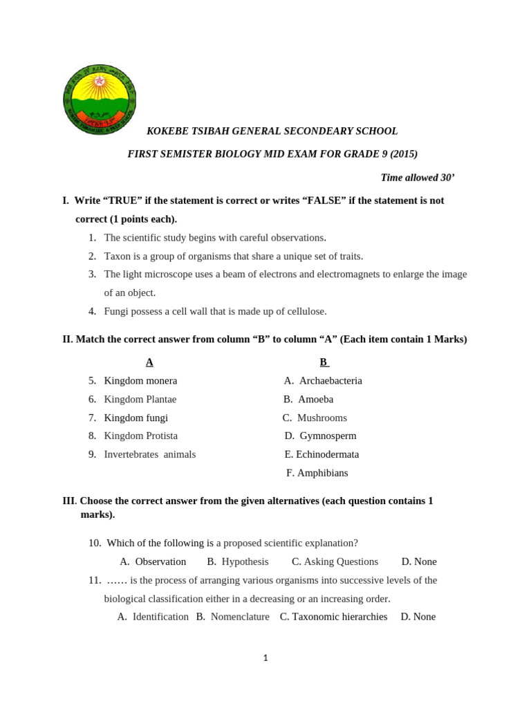 Grade 9 Biology Mid Exam 2015 | PDF | Fungus | Biology