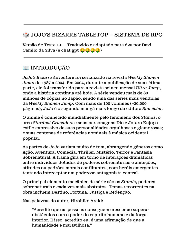 RPG JoJo's Bizarre: Criação de Personagens | PDF