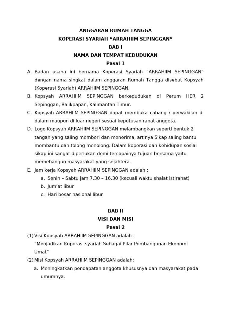 DRAFT AD-ART KOPERASI SYARIAH ARRAHIIM SEPINGGAN, | PDF