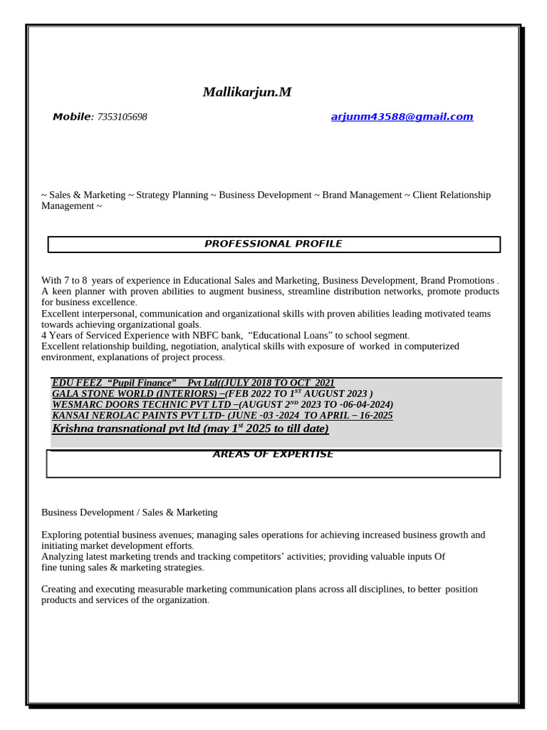 CV .Mallikarjun 2025 PDF | PDF | Sales | Marketing