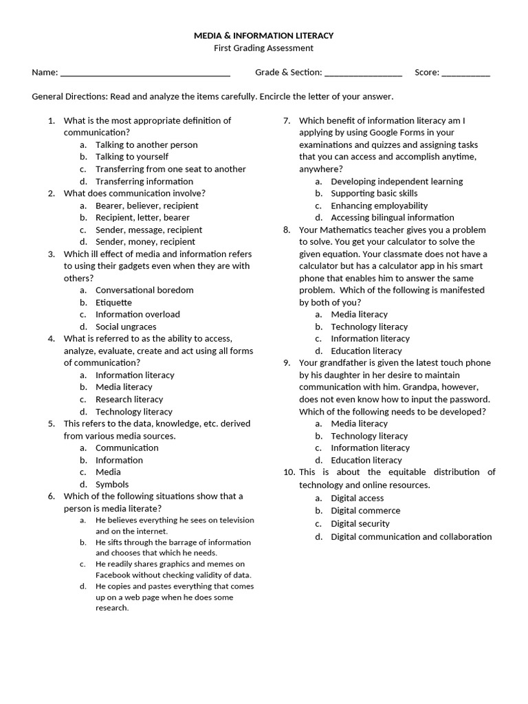 First Grading Assessment Test MIL | PDF | Fair Use | Copyright