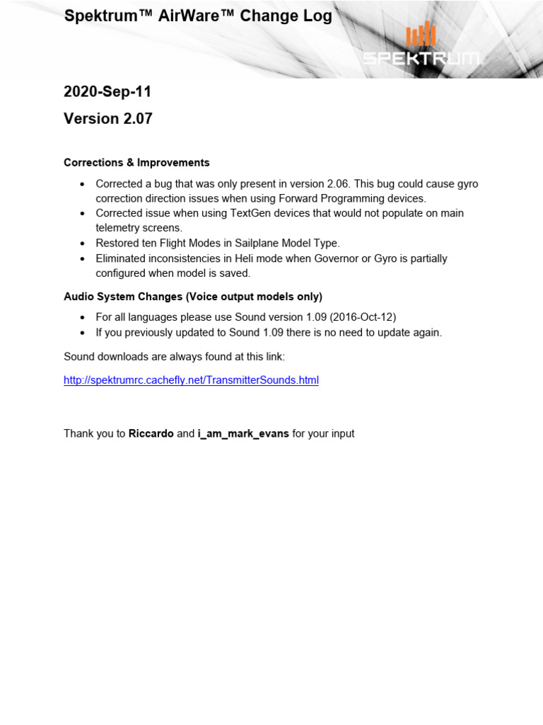 Spektrum AirWare Change Log Updates | PDF | Telemetry | Computer File
