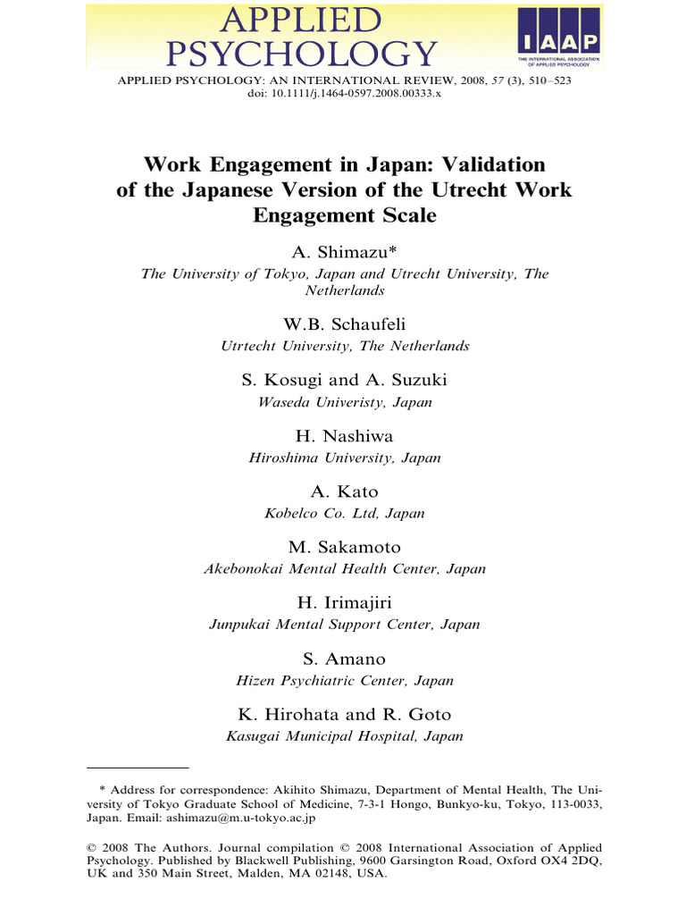 Work Engagement in Japan - Validation of The Japanese Version of The ...