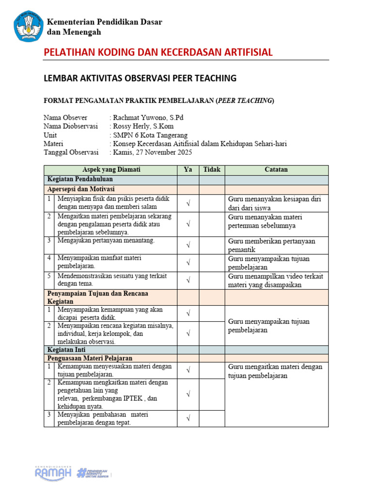 Lembar Observasi Dan Dokumentasi - Bapak Rossy PEER TEACHING | PDF