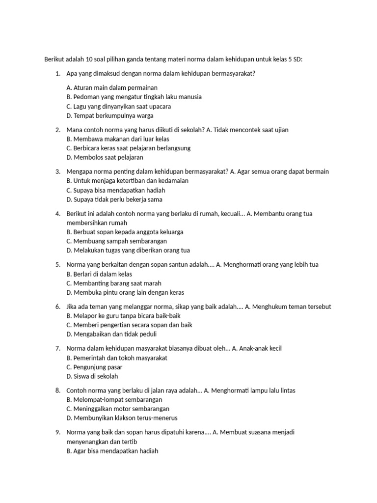 10 Soal Norma untuk Kelas 5 SD | PDF