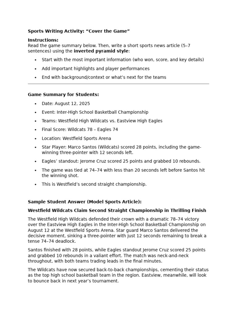 Sports Writing: Cover the Game Guide | PDF | Sports | Student Sport