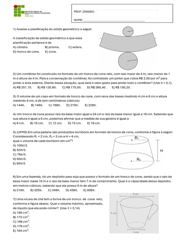 Ativ 9 troncos cones 30 10 25 | PDF | Geometria | Geometria Euclidiana