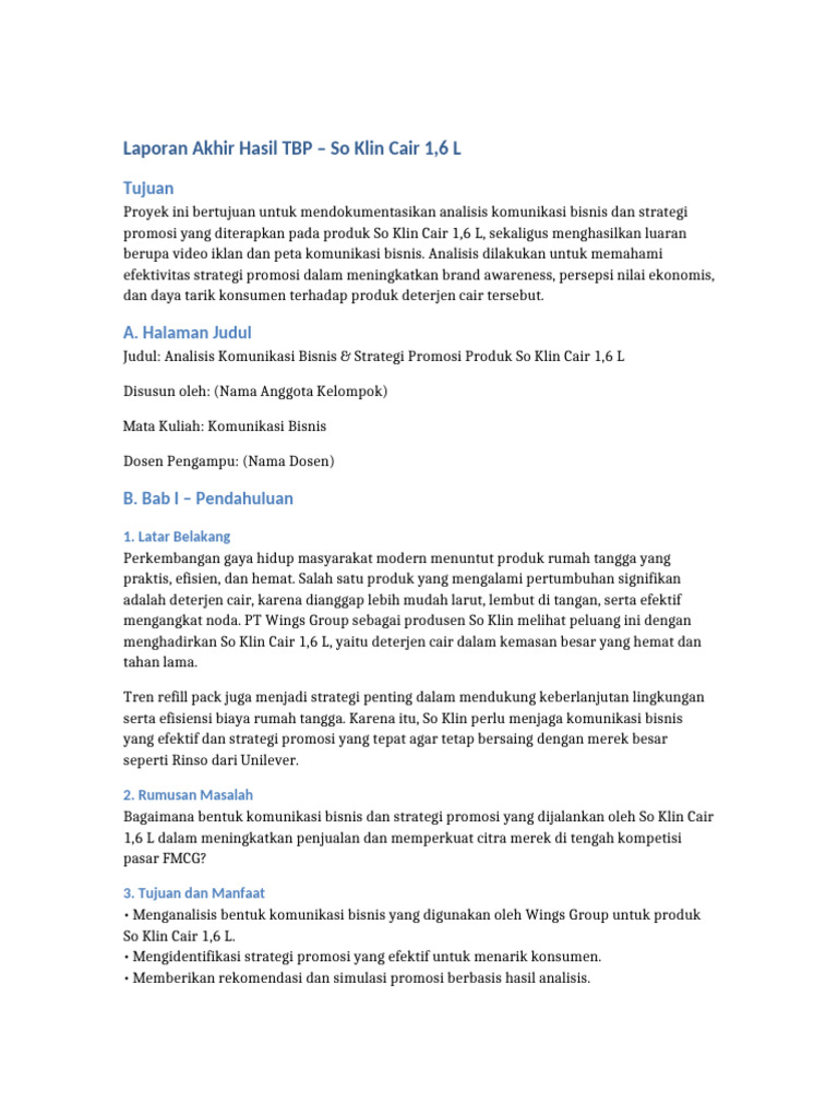 Laporan TBP SoKlinCair 1 6L | PDF