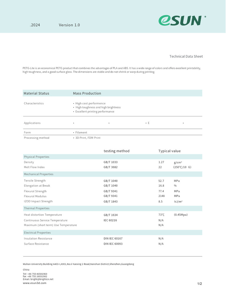 ePETG-Lite Technical Data Sheet | PDF | Strength Of Materials ...