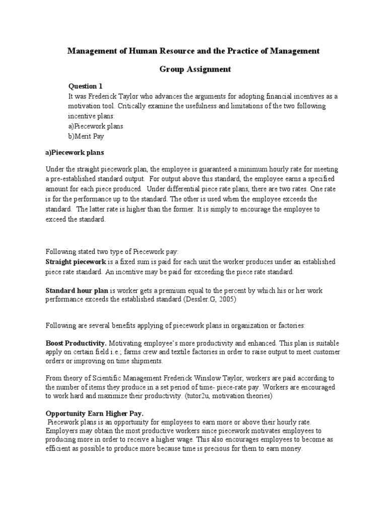 Draft Assignment Mgt Of Hr And The Practice Of Mgt Pdf Piece Work