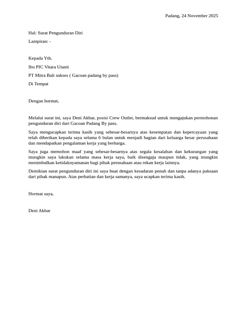 Surat Pengunduran Diri Deni Akbar | PDF