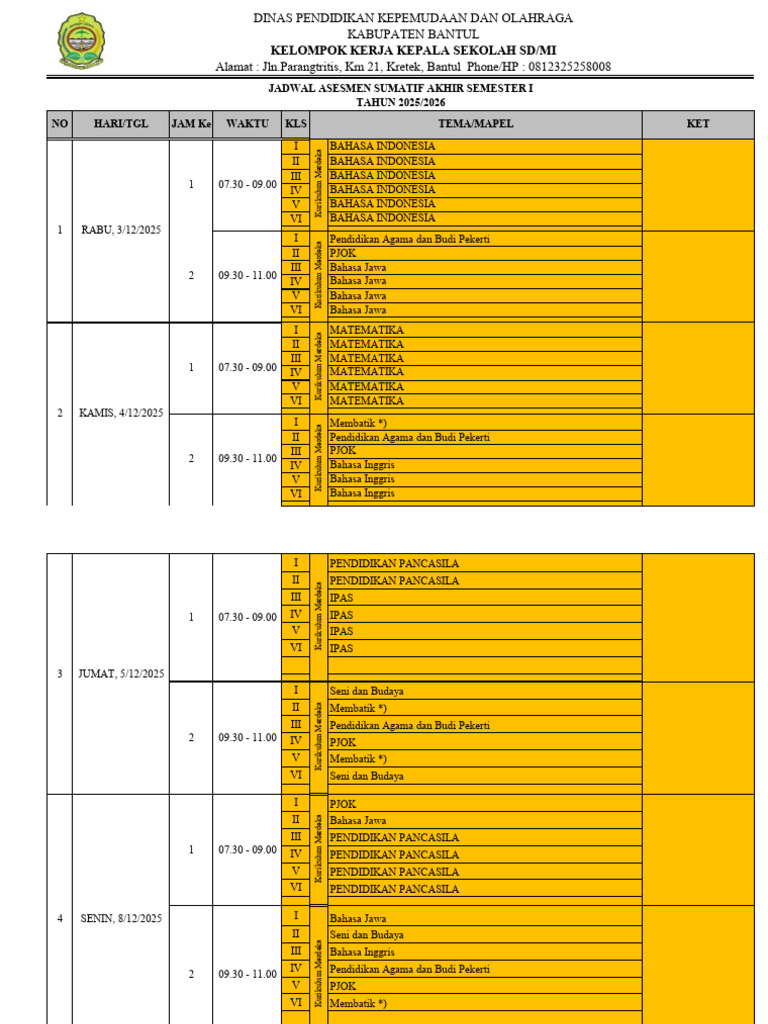 Jadwal Asas Sem 1 Ta 2025-2026 | PDF