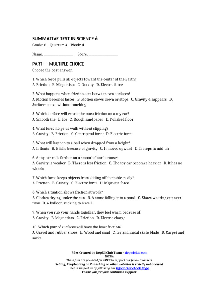 Science 6 Summative Test on Forces | PDF | Friction | Force