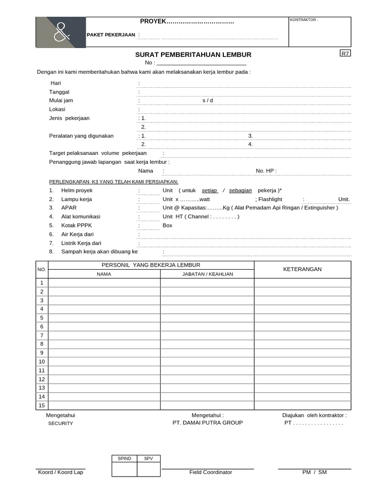 Surat Pemberitahuan Lembur Proyek HDP | PDF