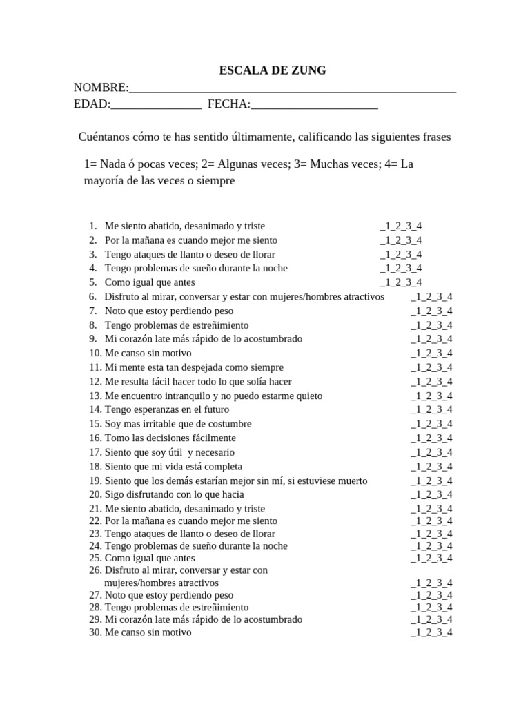 Escala de Zung para Evaluar Depresión | PDF | Depresión (estado de ánimo)