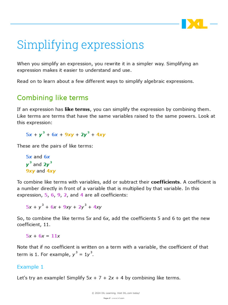 IXL Simplifying Expressions | PDF | Multiplication | Polynomial